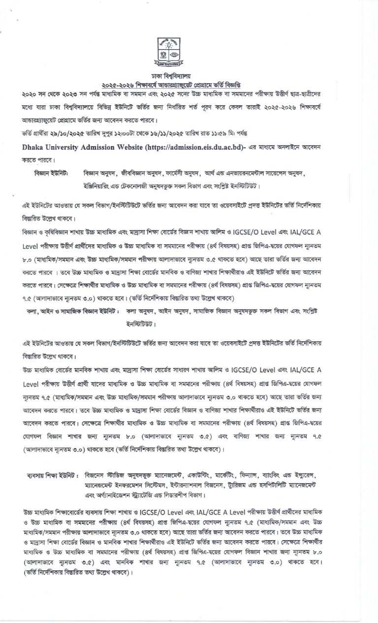 DU Admission Circular-ঢাকা বিশ্ববিদ্যালয় ভর্তি তথ্য ২০২৫-২০২৬ (Online ...