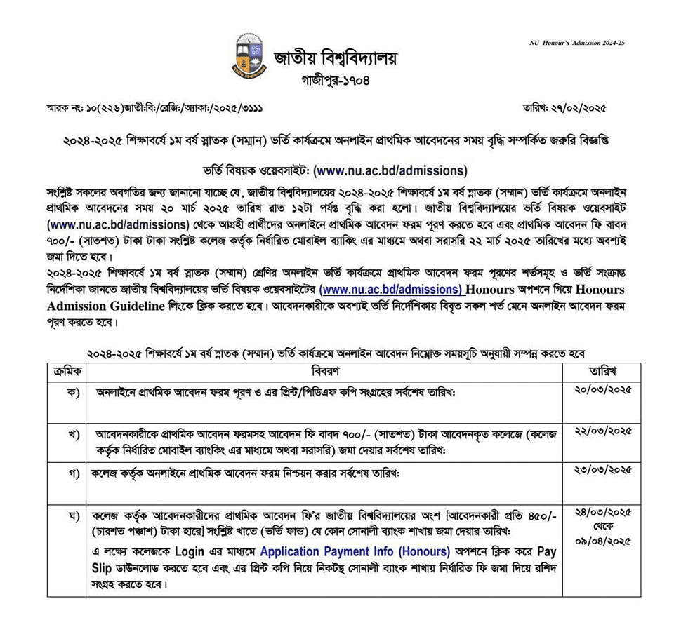 NU Admission Notice 2025 - ২০২৪-২০২৫ শিক্ষাবর্ষে স্নাতক (সম্মান)