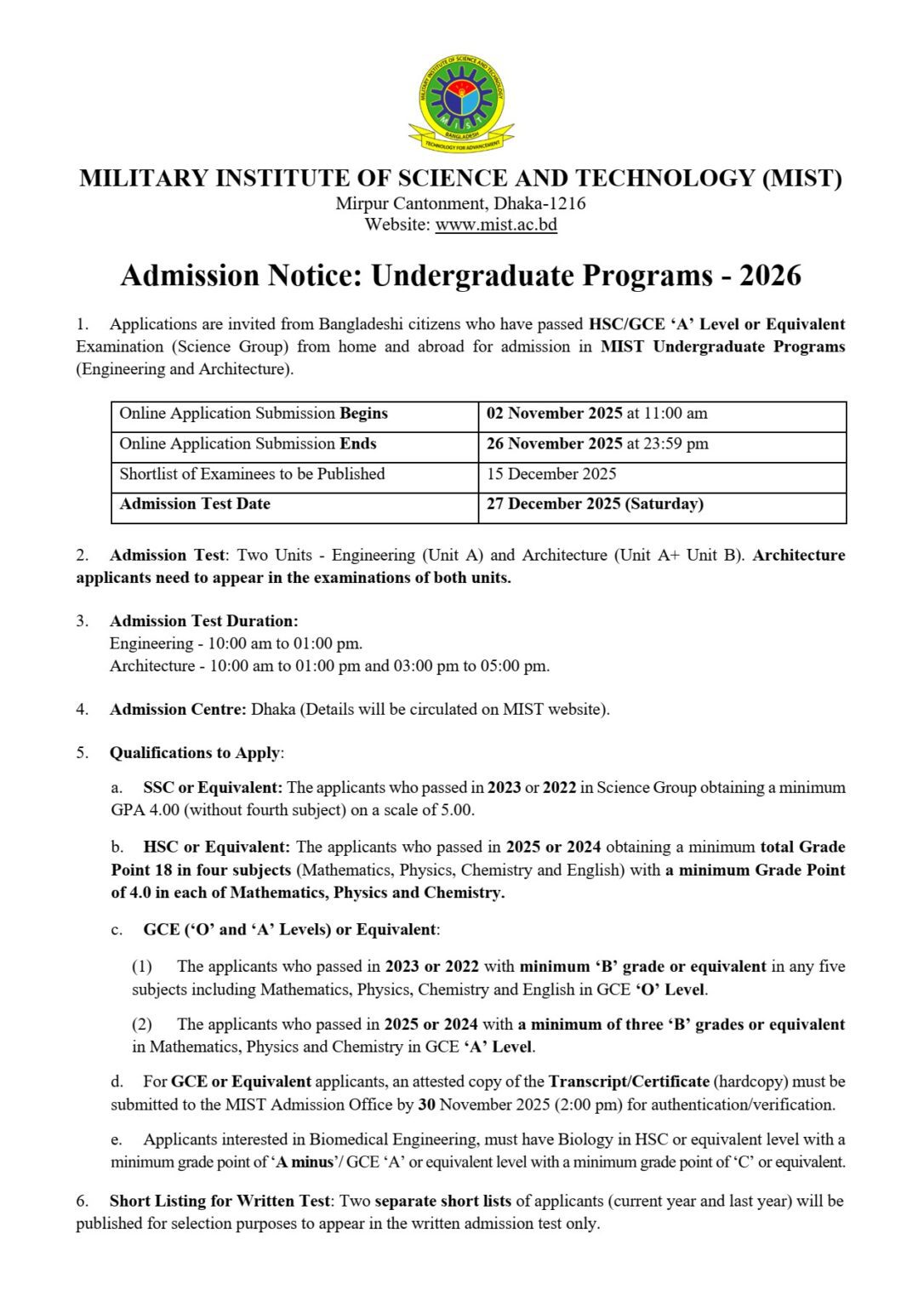 MIST Admission Circular 2025 – ভর্তি প্রক্রিয়া, শর্তাবলী, ফি ও ...