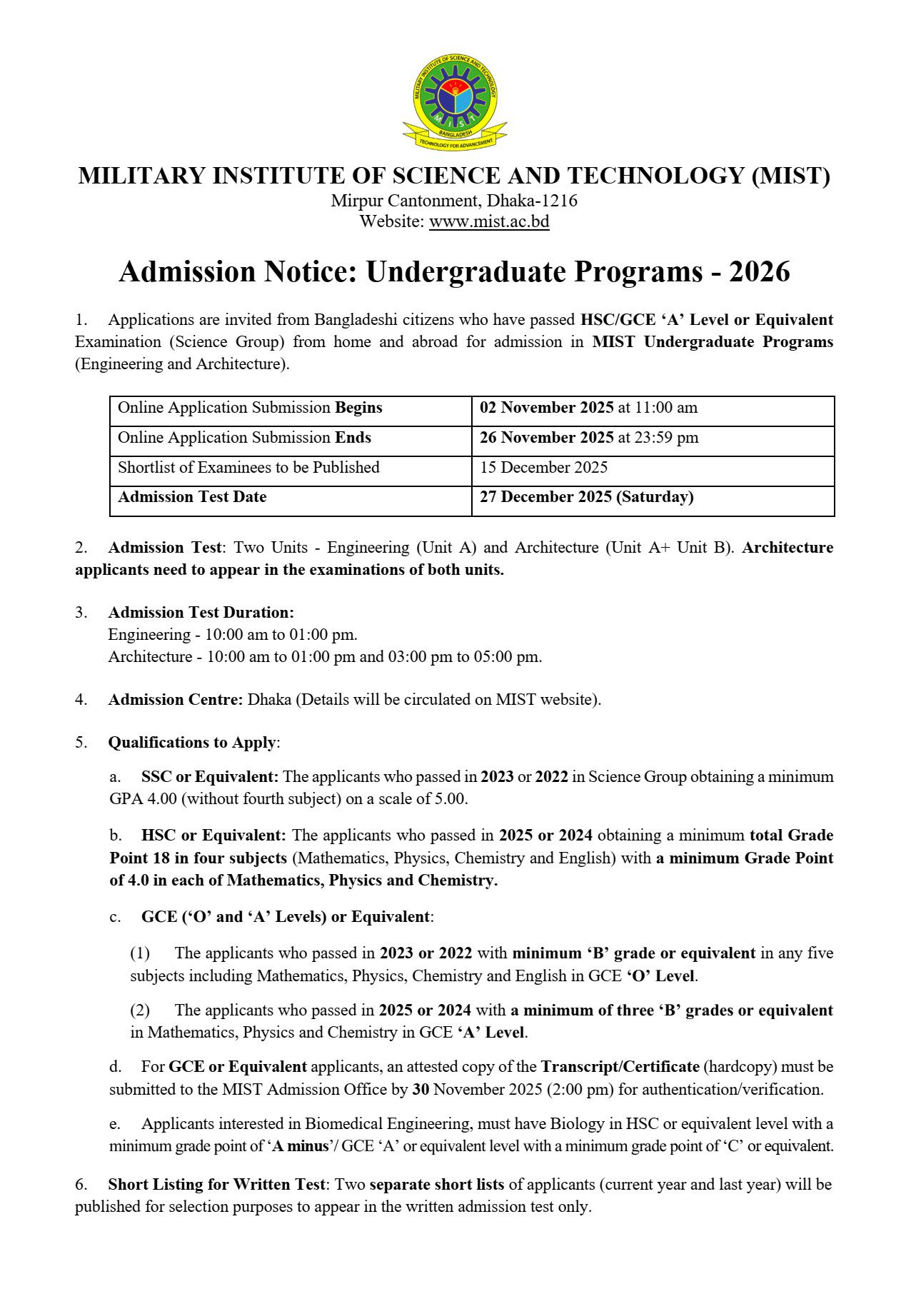 MIST Admission Circular 2025 – ভর্তি প্রক্রিয়া, শর্তাবলী, ফি ও ...